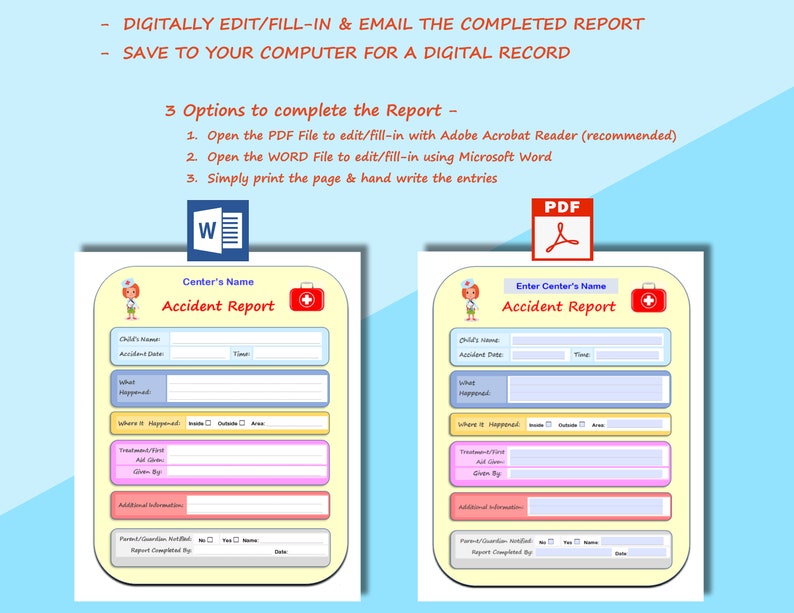 Child/daycare Accident Report Form - Editable in WORD and PDF - A4/US ...