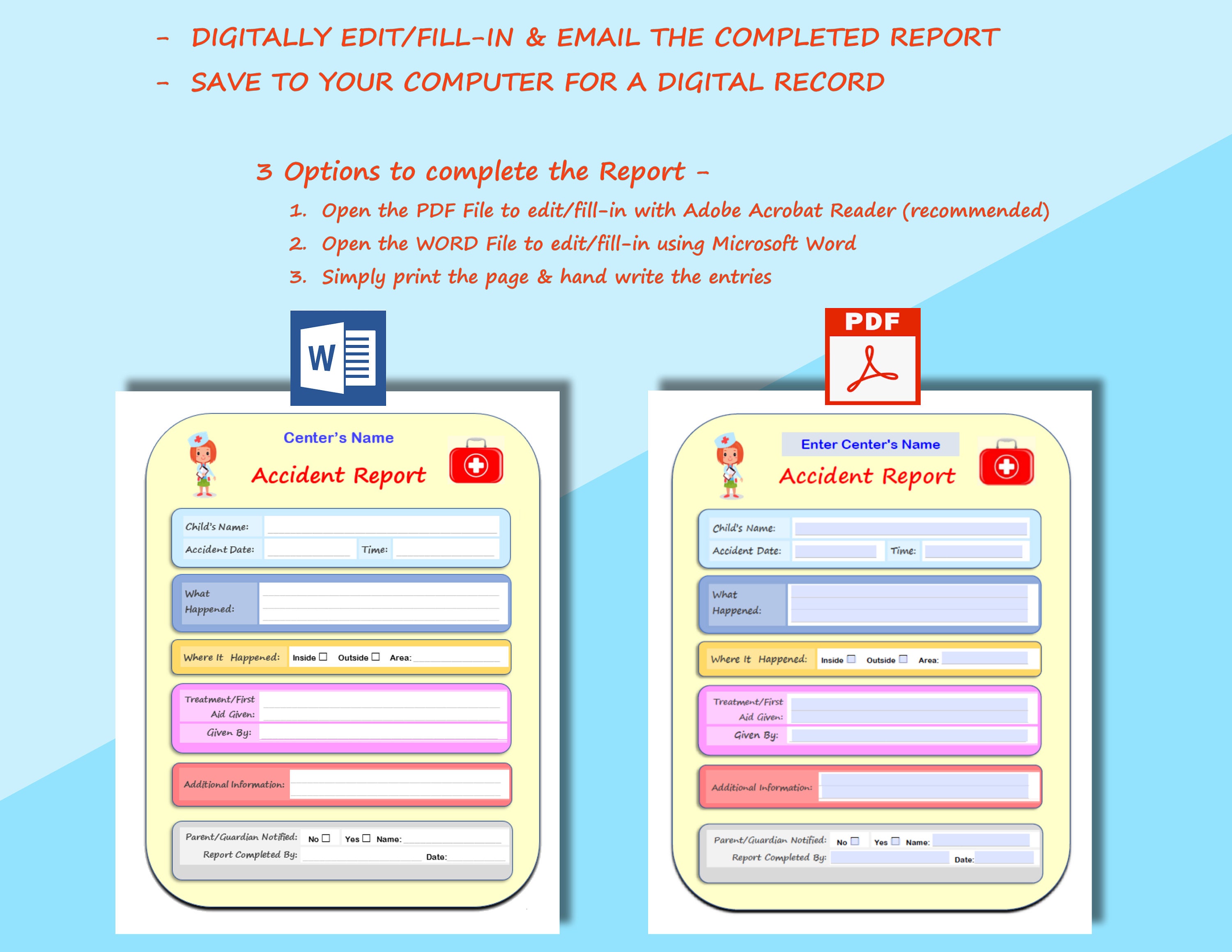 Child/daycare Accident Report Form - Editable in WORD and PDF - A4/US ...