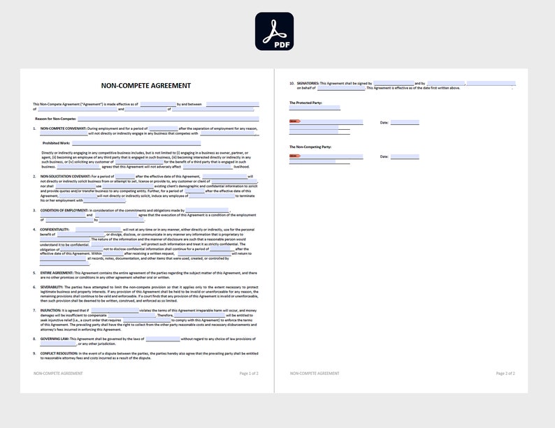 Non-compete Form. Editable & Printable Non Compete Template. Fully ...
