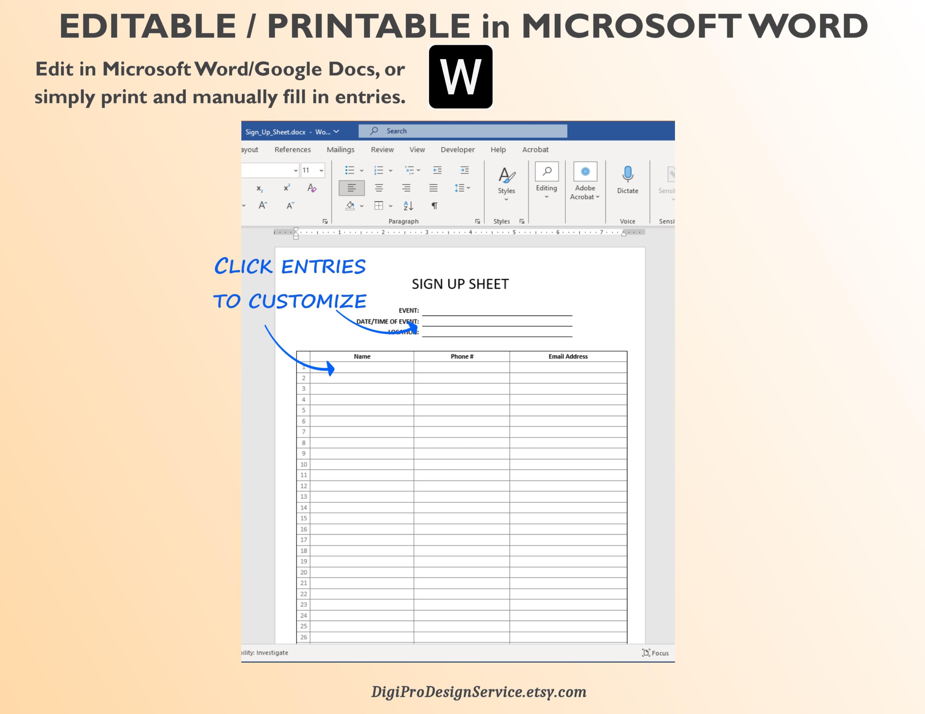 Event Sign-up Sheet: Editable Form (PDF, Word, Google Docs) - Etsy