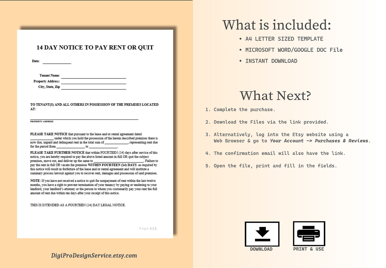 Printable 14 Day Notice to Pay Rent or Quit (word Doc) - Etsy