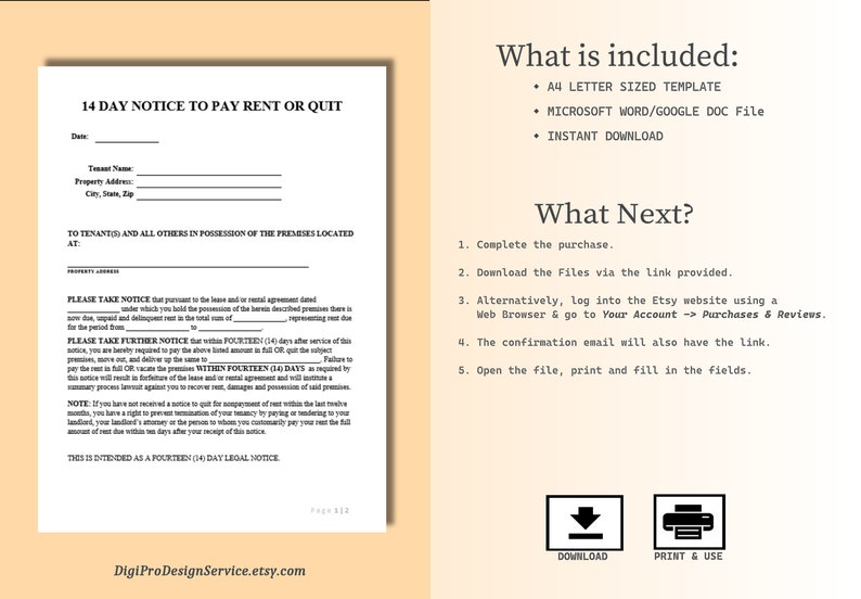 Printable 14 Day Notice to Pay Rent or Quit (word Doc) - Etsy