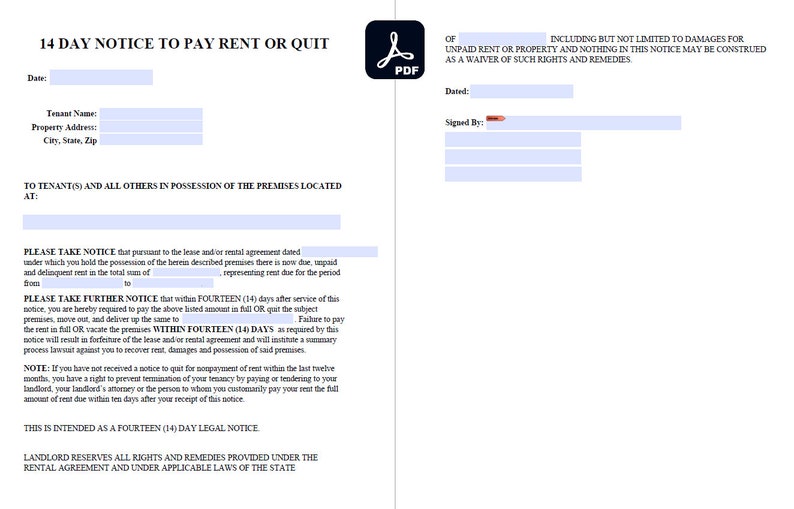 14-day Notice to Pay Rent or Quit - Editable Template (PDF, Word ...