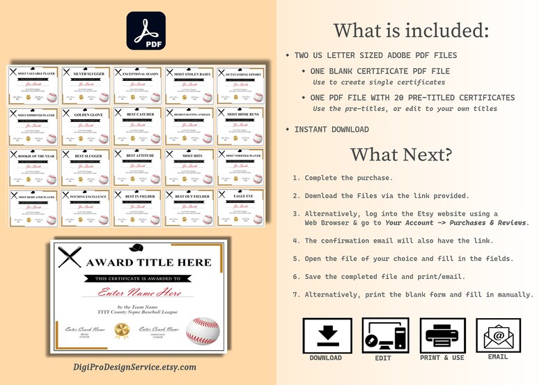 Editable Baseball Award Certificates: 21 PDF Templates (instant ...
