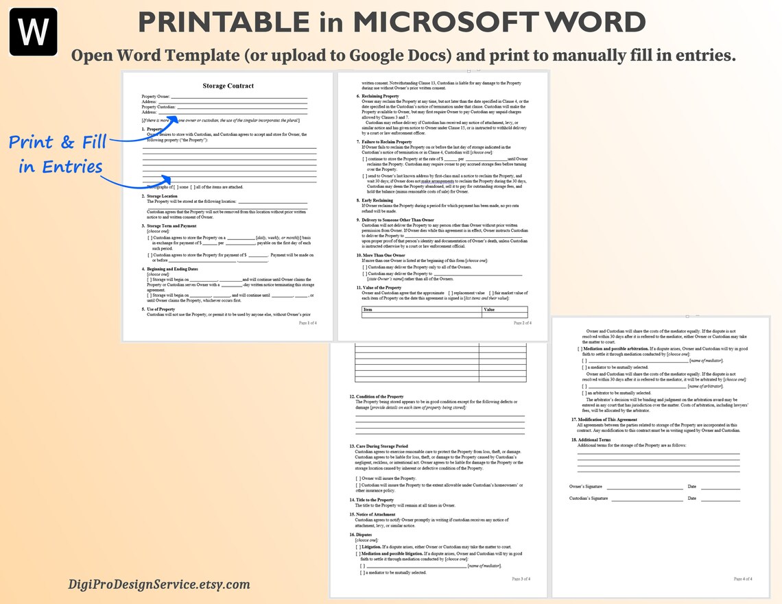 Storage Contract Agreement. Printable/editable Word and PDF Template ...