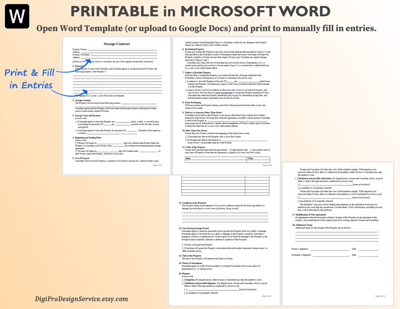Storage Contract Agreement. Printable/editable Word and PDF Template ...