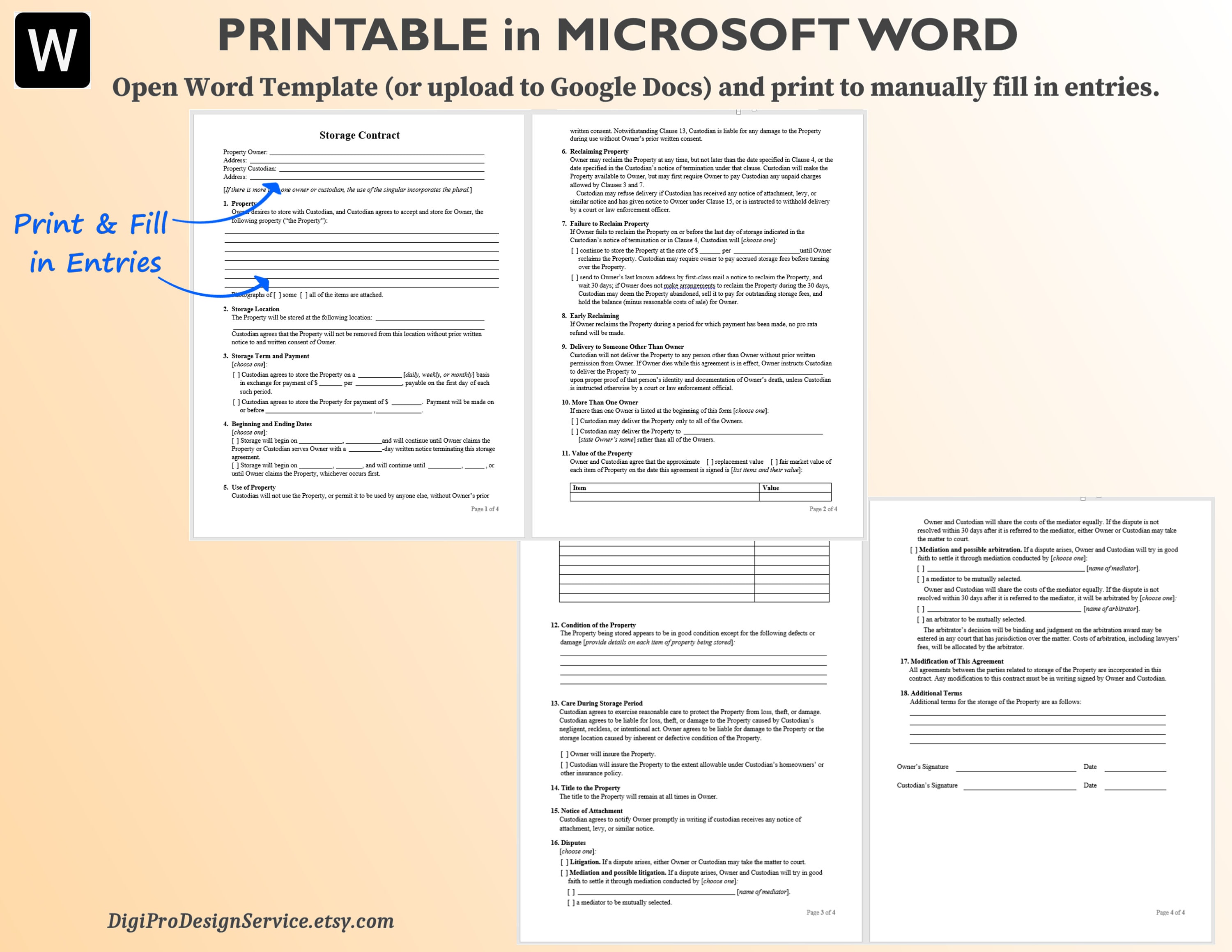 Storage Contract Agreement. Printable/editable Word and PDF Template ...