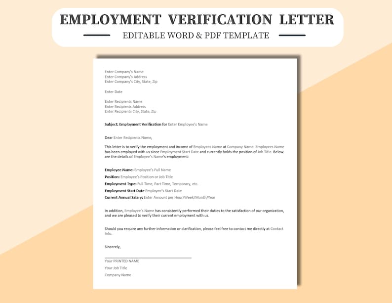 Editable Employment Verification Letter Template (digital Download) - Etsy