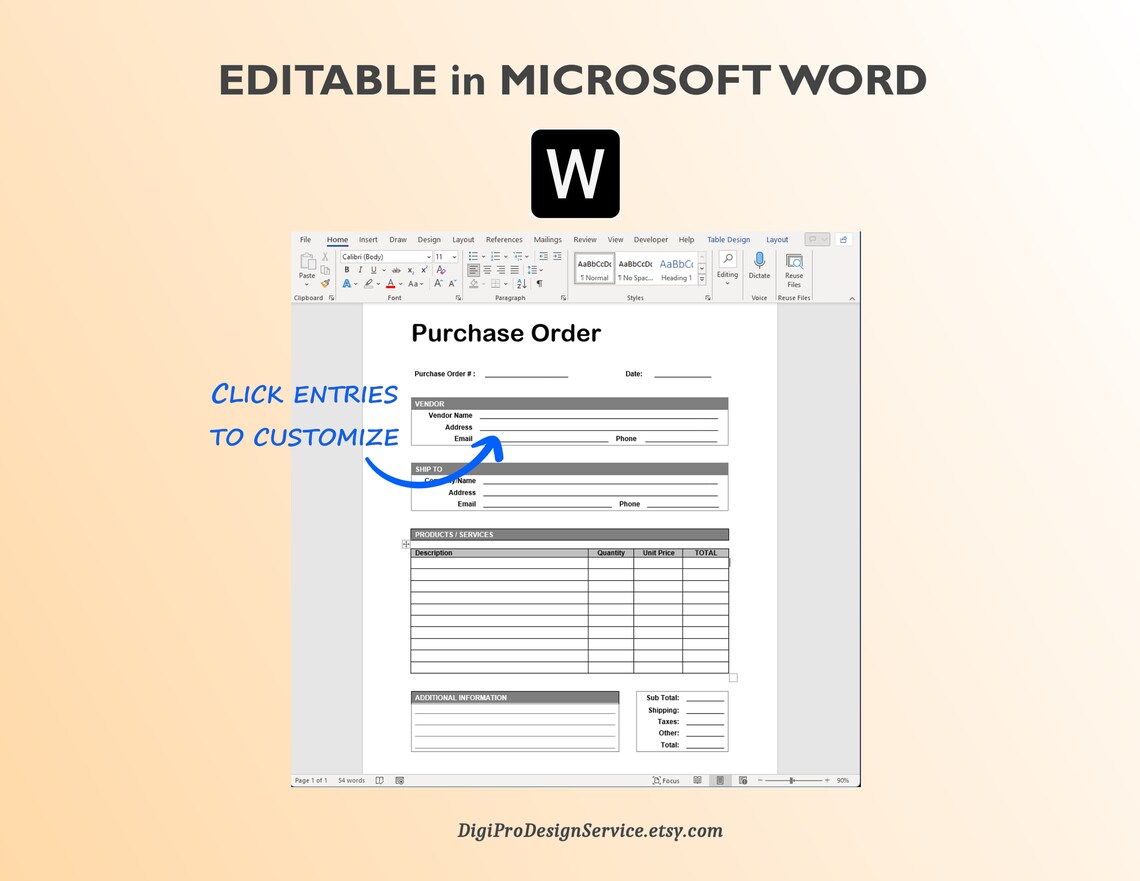 Editable Purchase Order Form: Fillable PDF & Word Template - Etsy