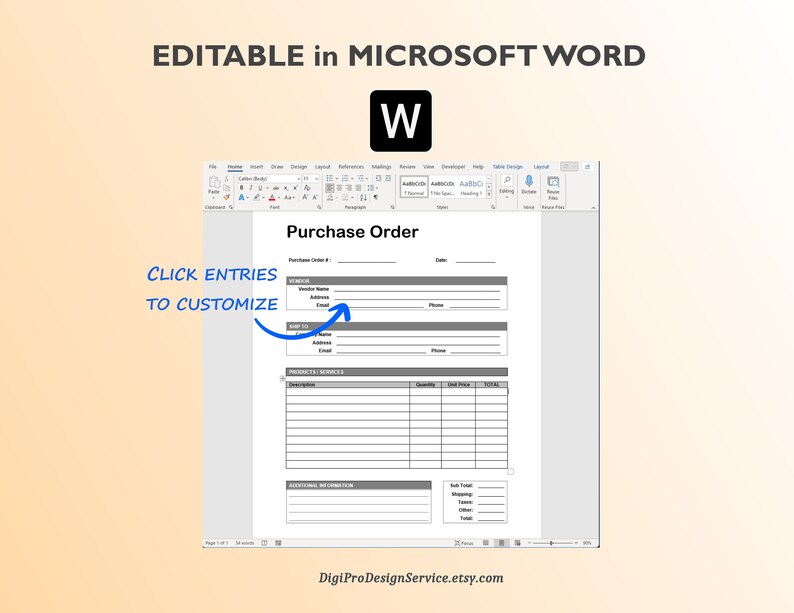 Editable Purchase Order Form: Fillable PDF & Word Template - Etsy