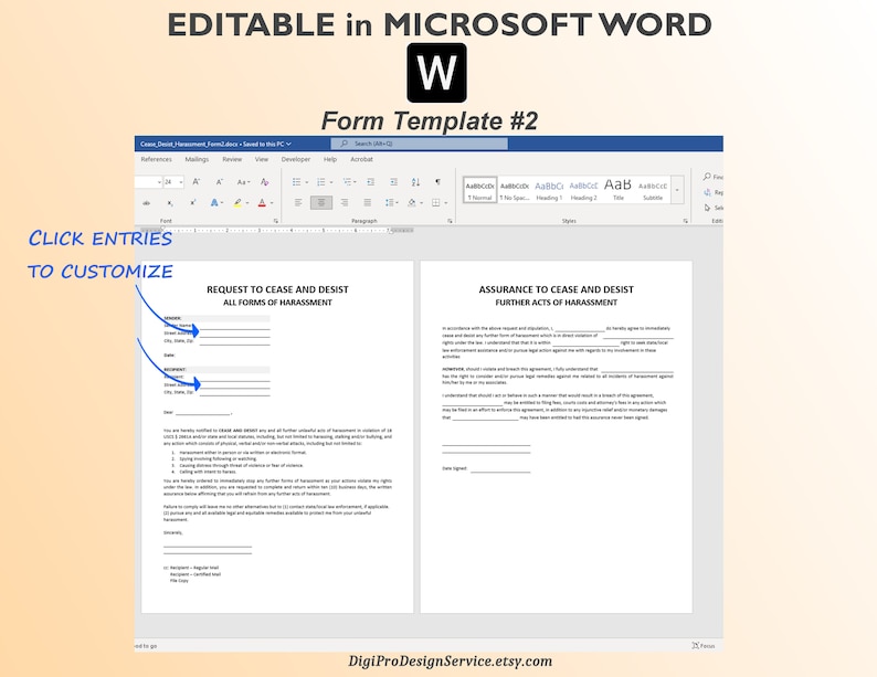 Harassment Cease and Desist Form: Editable Word & PDF Templates - Etsy