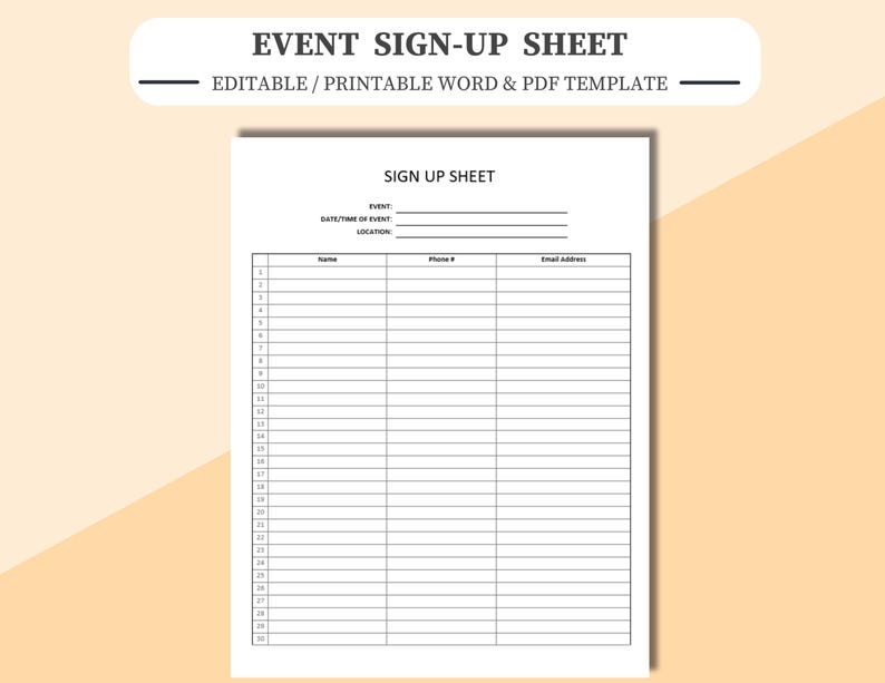Event Sign-up Sheet: Editable Form (PDF, Word, Google Docs) - Etsy