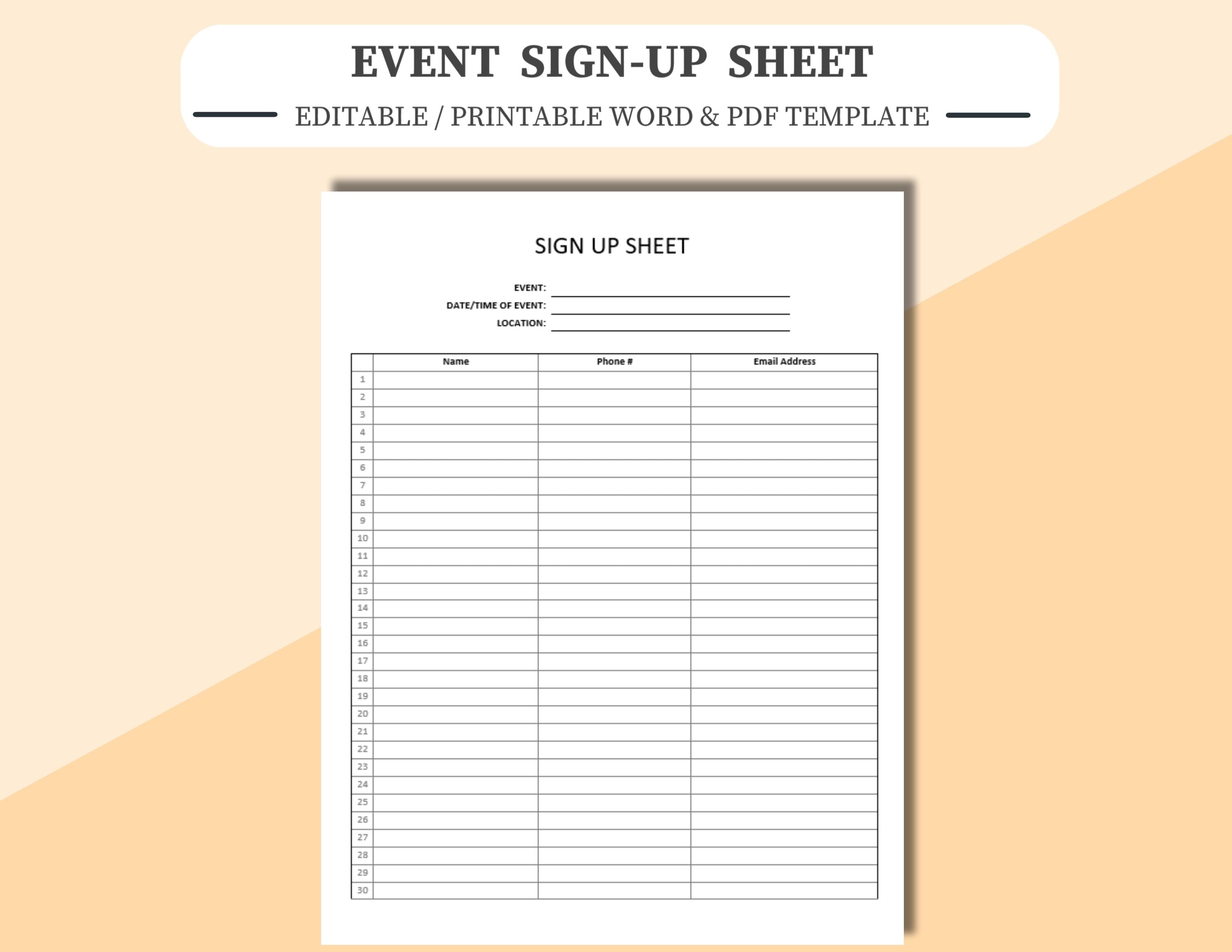Sign up Sheet Form - Editable in Microsoft Word, Adobe Acrobat PDF or ...