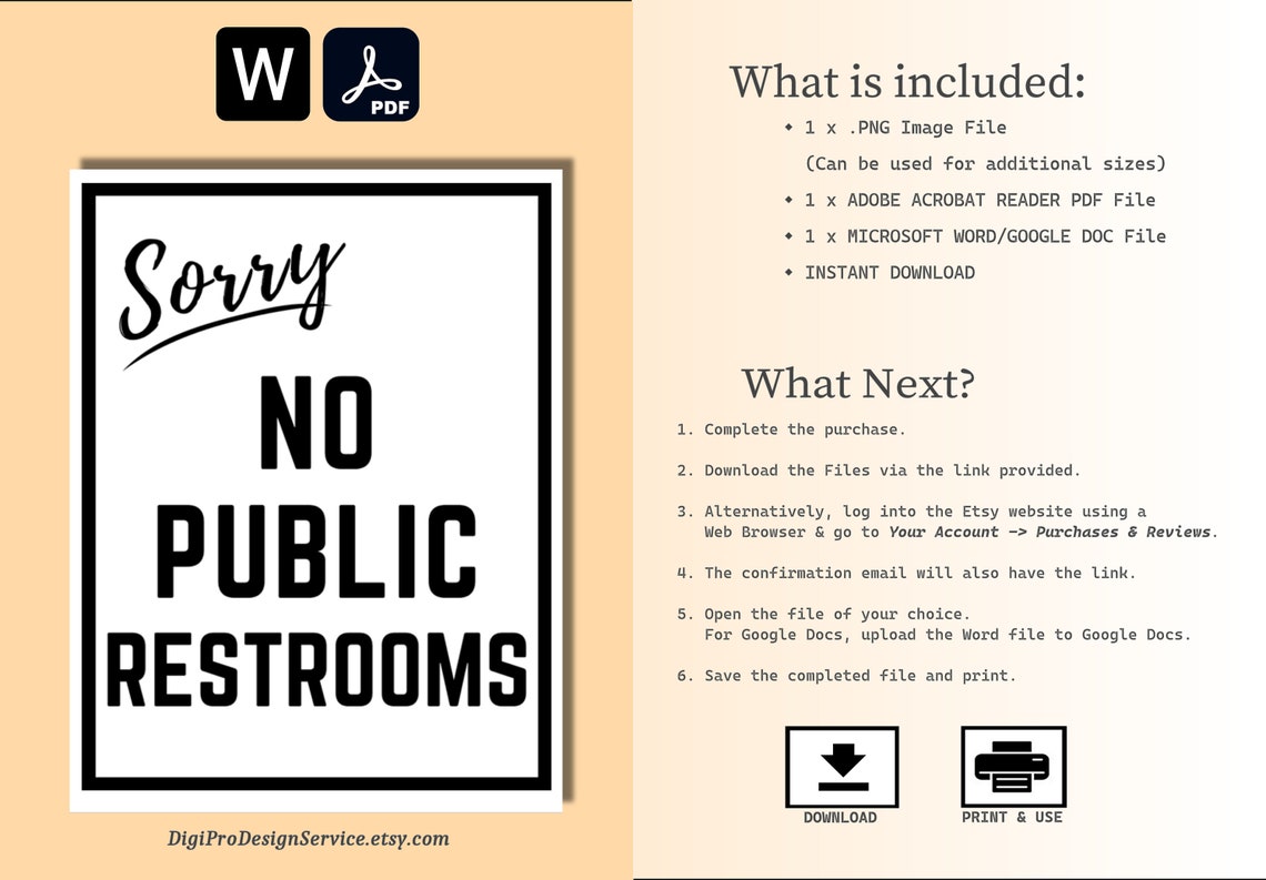 Sorry No Public Restrooms Sign (printable PDF, Word & PNG) - Etsy