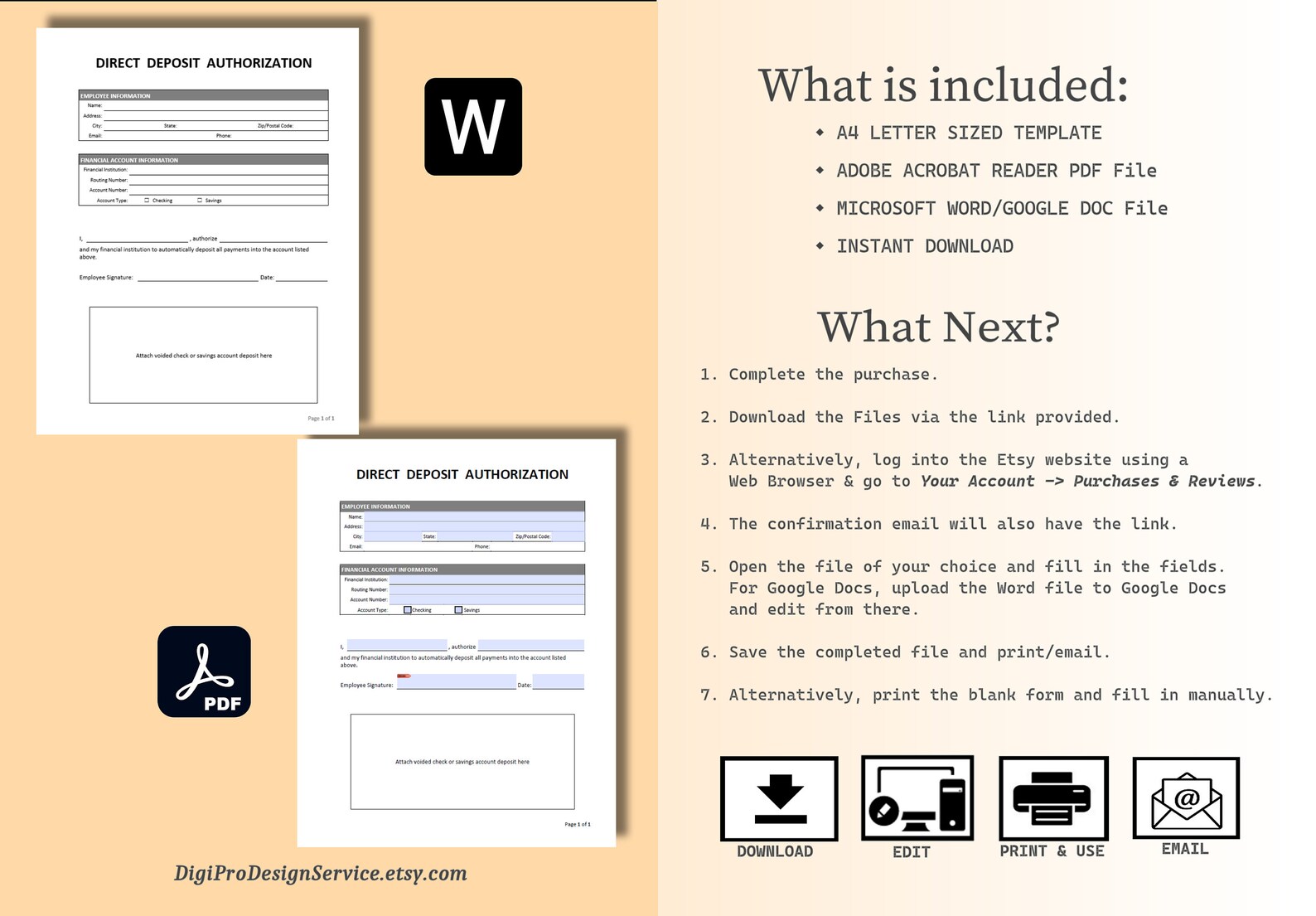 Direct Deposit Authorization Form. Editable and Printable Word and ...