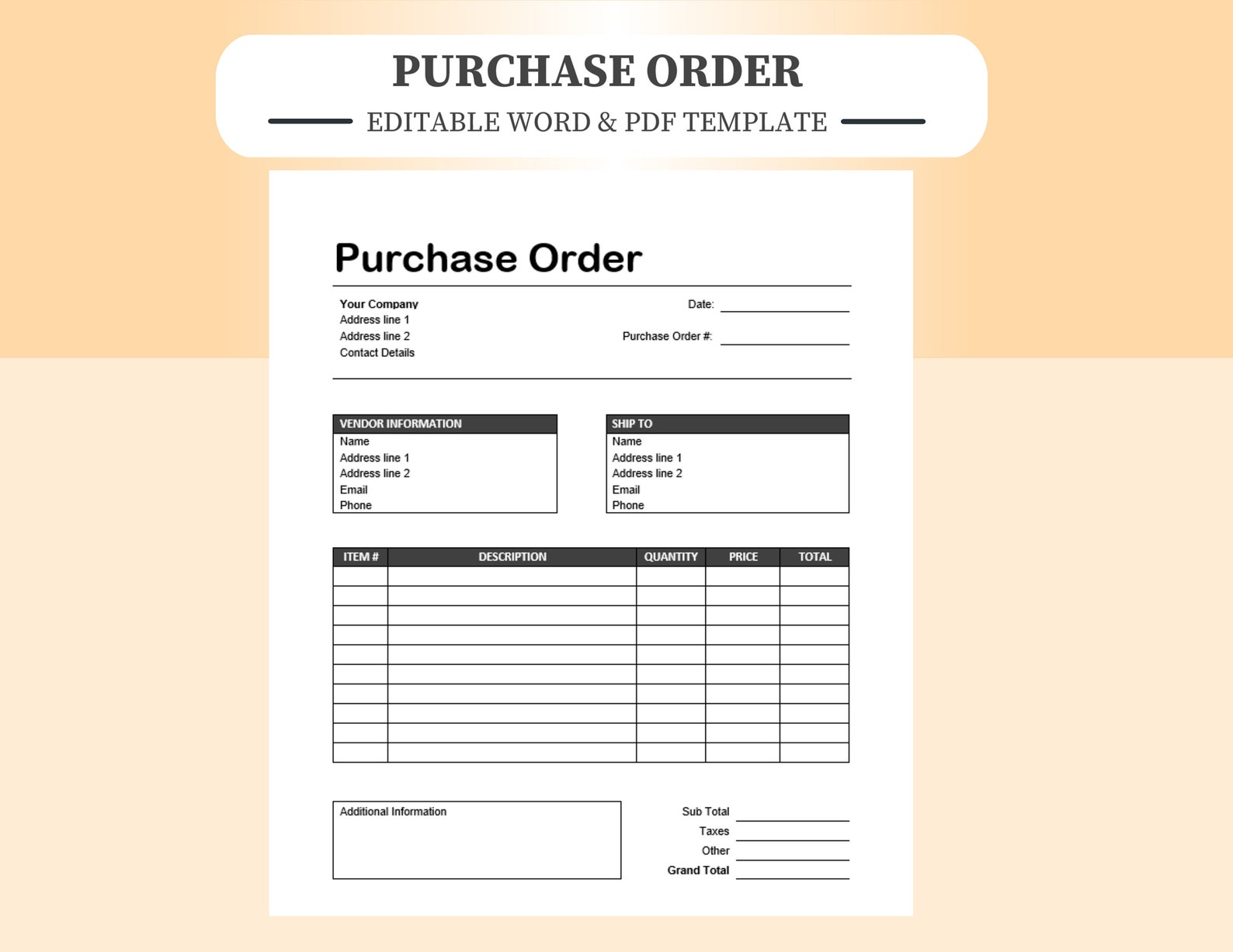 Editable Purchase Order Template: Fillable PDF & Word - Etsy