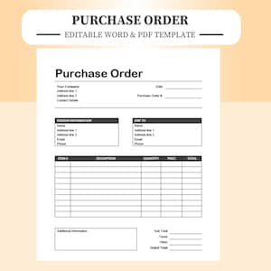 Purchase Order Template, Purchase Order, Purchase Order Form, PO, PO Form, PO Template, Editable ...