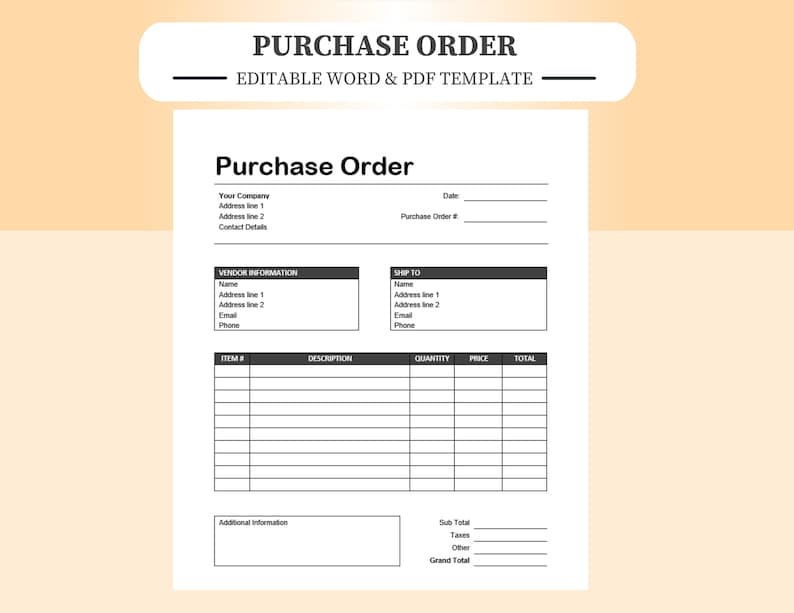 Editable Purchase Order Template: Fillable PDF & Word - Etsy