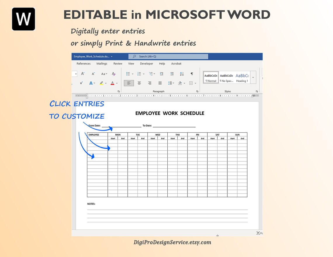 Employee Work Schedule Template: Editable & Printable (PDF, Word ...