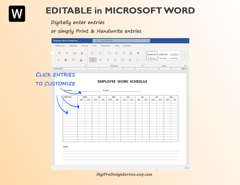 Employee Work Schedule Template: Editable & Printable (PDF, Word ...
