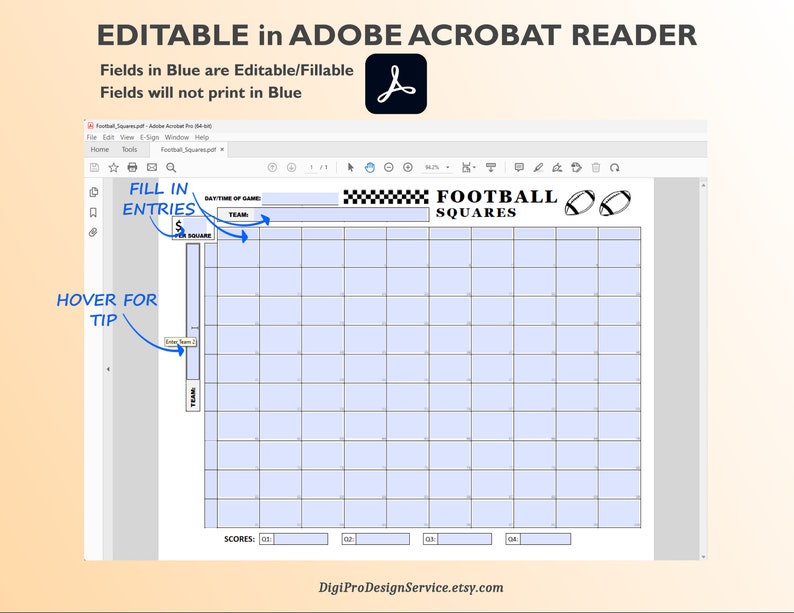Football Squares Sheet: Editable PDF Template - Etsy