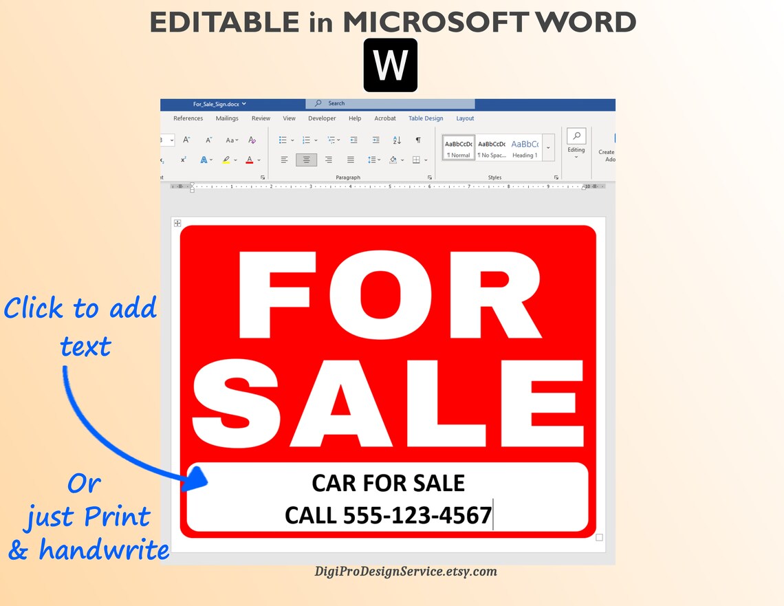FOR SALE Sign. Printable/editable in Word and PDF Templates. - Etsy