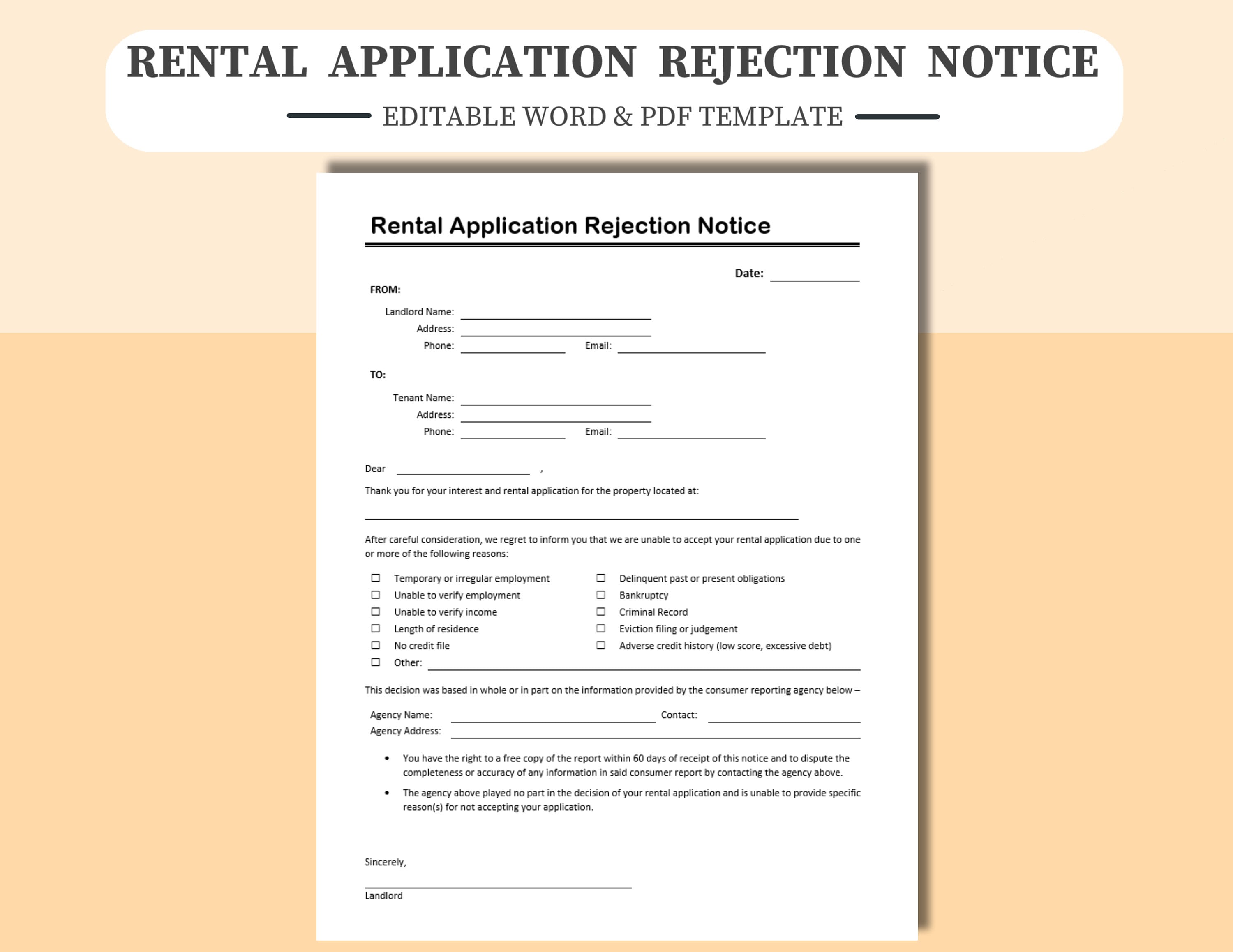 Rental Application Rejection Notice: Editable Word & PDF Template - Etsy
