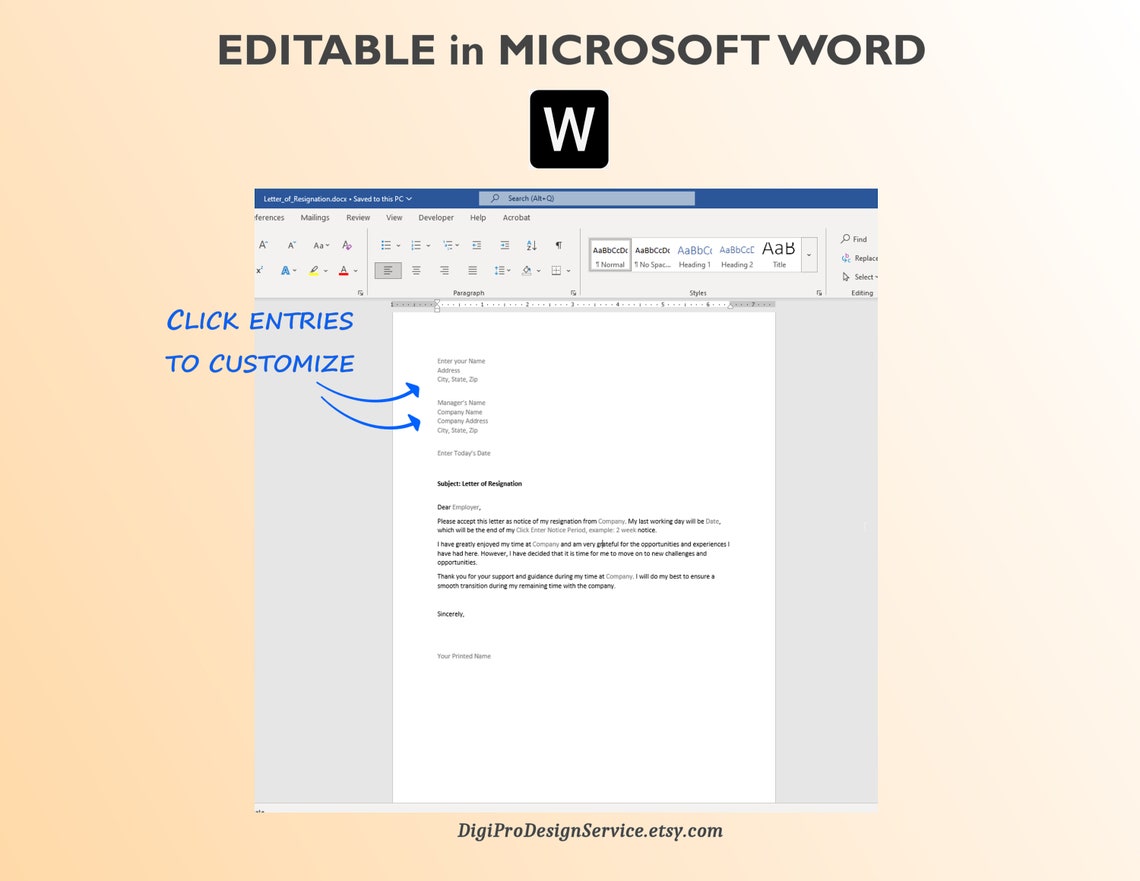 Letter of Resignation - Editable in Microsoft Word, Adobe Acrobat PDF ...