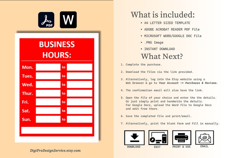 Business Hours Sign. Printable/editable Word & PDF Template. Store ...