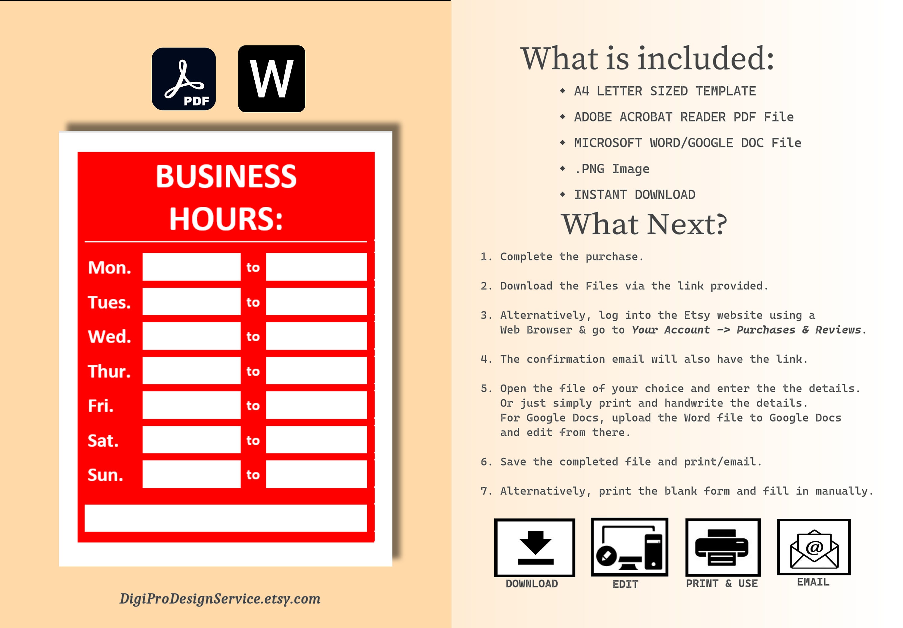 Business Hours Sign. Printable/editable Word & PDF Template. Store ...