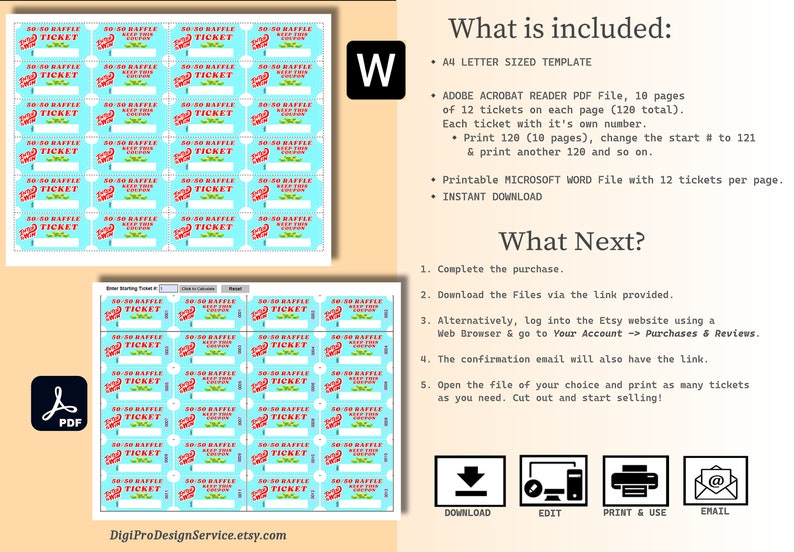 50/50 Raffle Tickets, Word and PDF Templates - 12 per Page. PDF ...