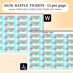50/50 Raffle Tickets, Word and PDF Templates - 12 per Page. PDF ...