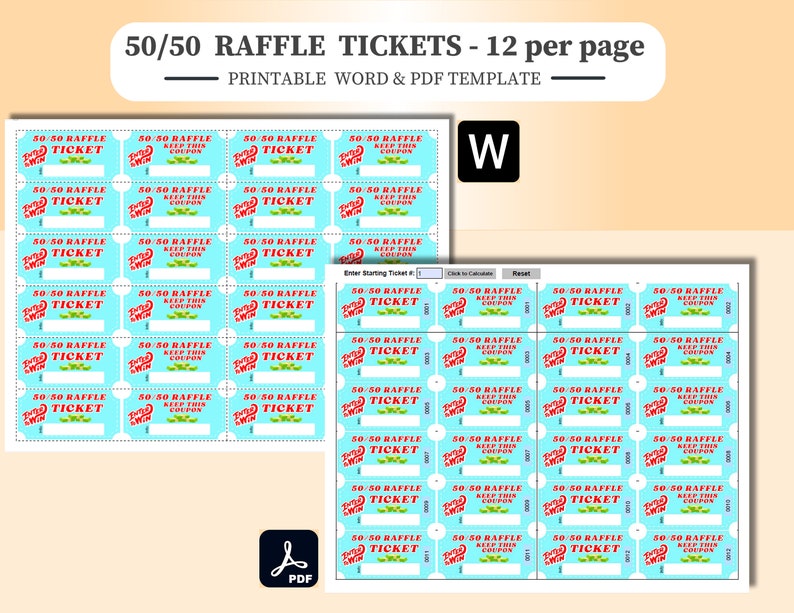 50/50 Raffle Tickets, Word and PDF Templates - 12 per Page. PDF ...