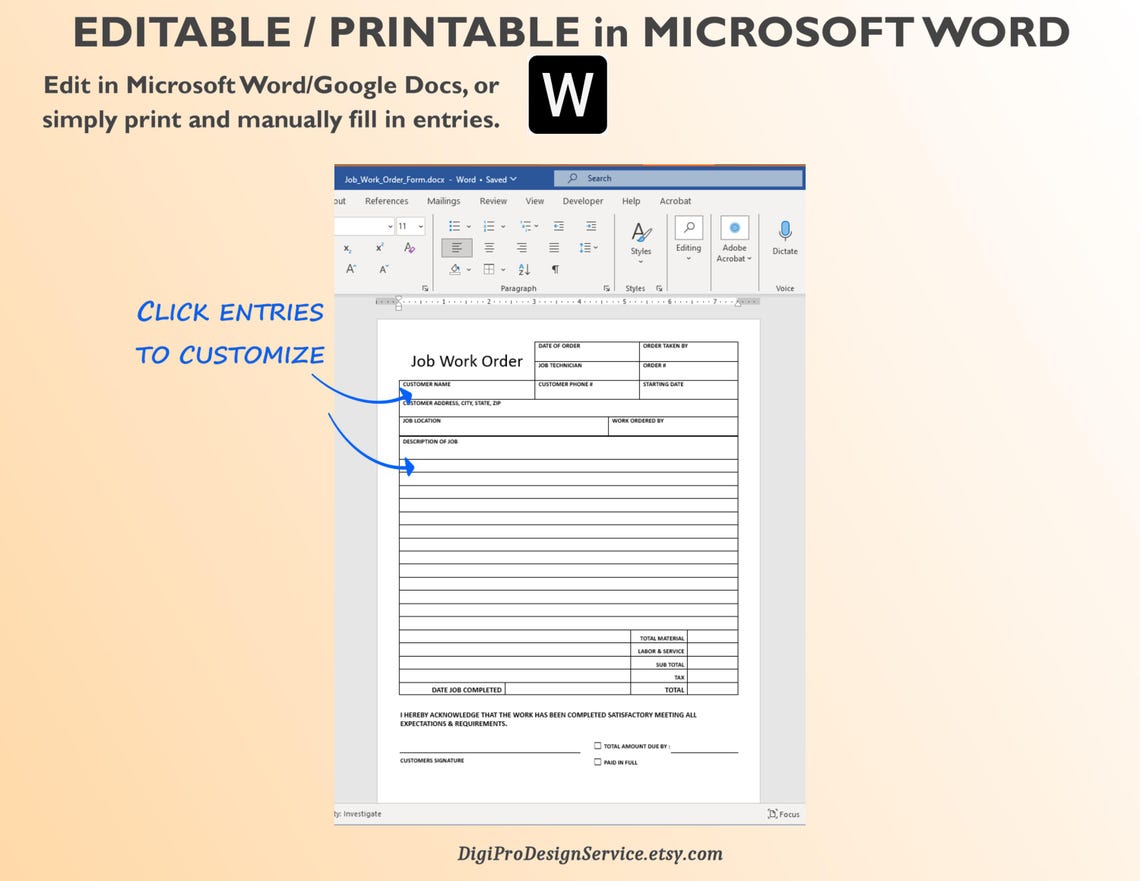 Job Work Order Form - Editable in Microsoft Word, Adobe Acrobat PDF or ...