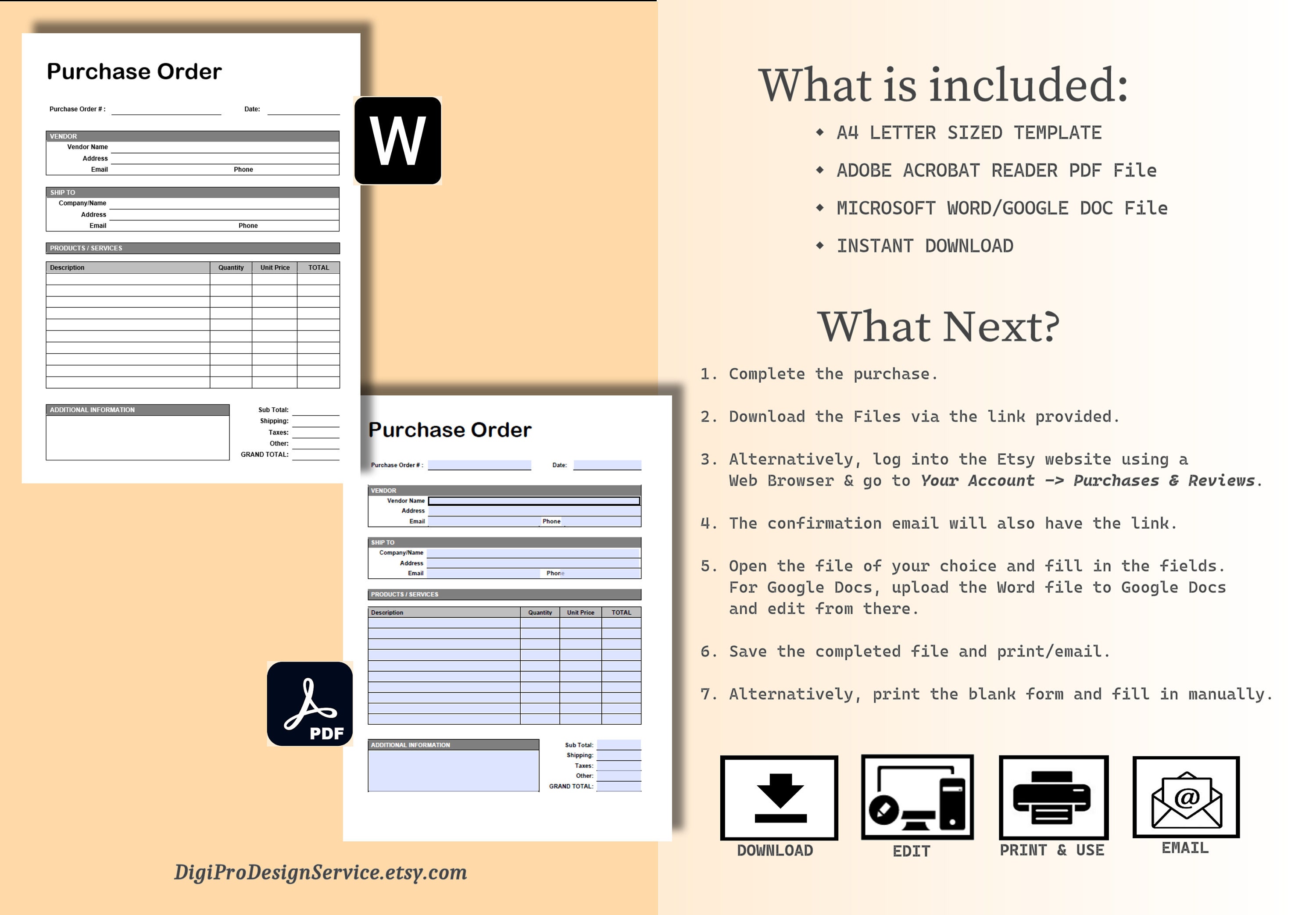Editable Purchase Order Form: Fillable PDF & Word Template - Etsy