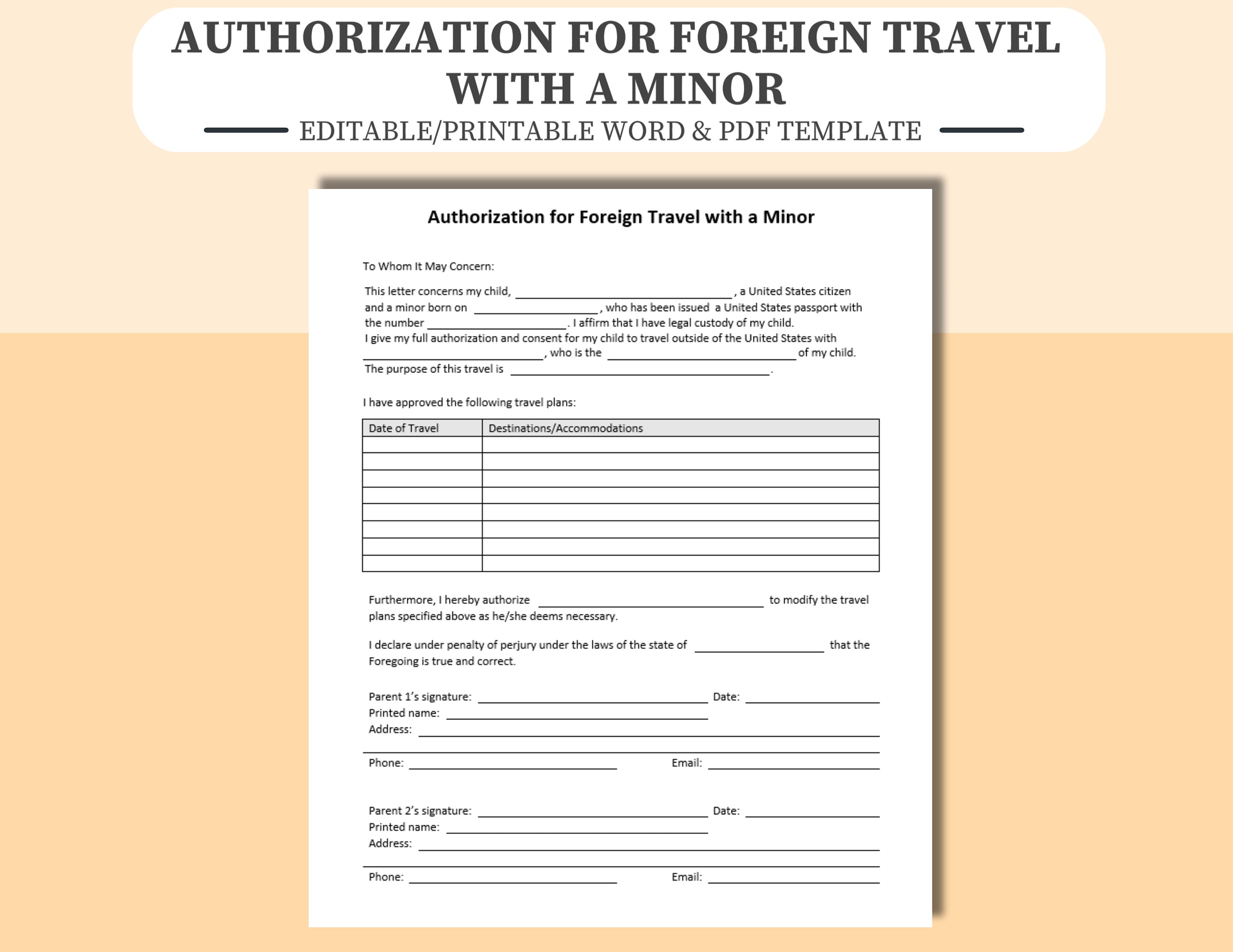 Authorization for Foreign Travel With a Minor. Fully Editable ...