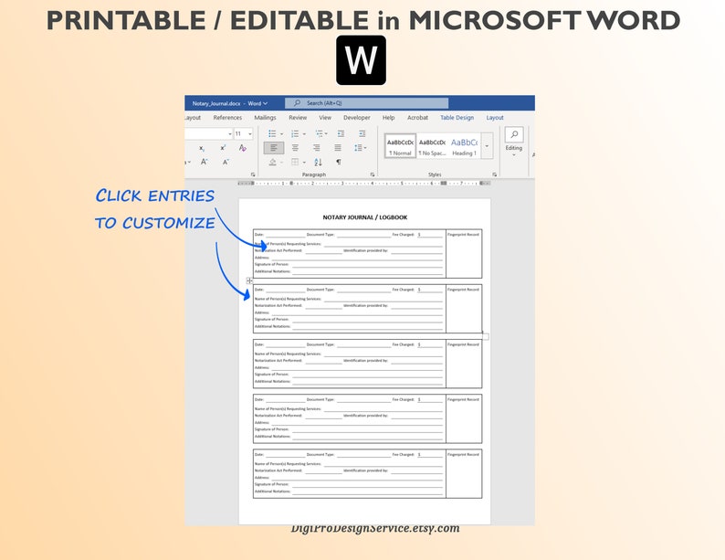 Notary Journal Logbook: Printable/editable PDF & Word Template - Etsy
