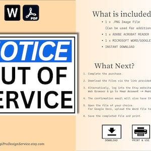 NOTICE Out of Service Sign. Printable A4/letter Size Word and PDF File ...