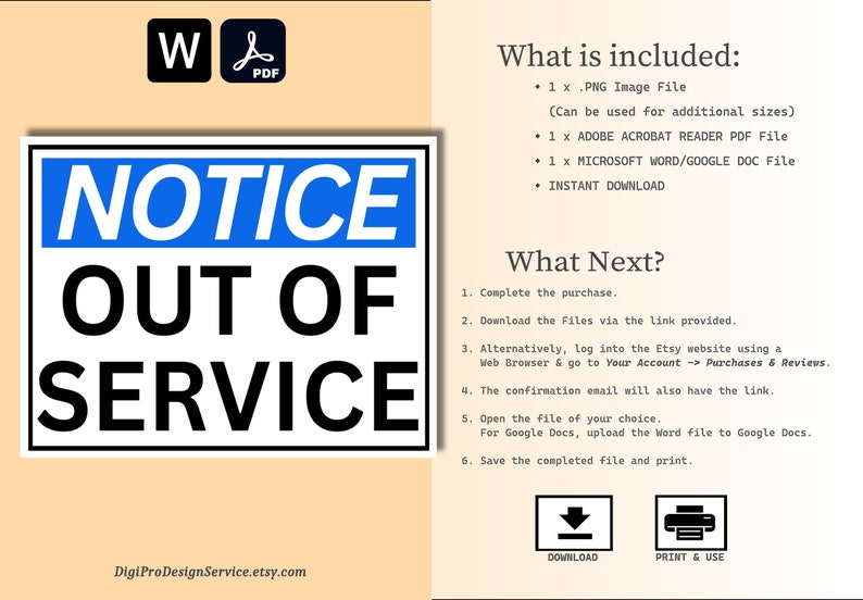 NOTICE Out of Service Sign. Printable A4/letter Size Word and PDF File ...