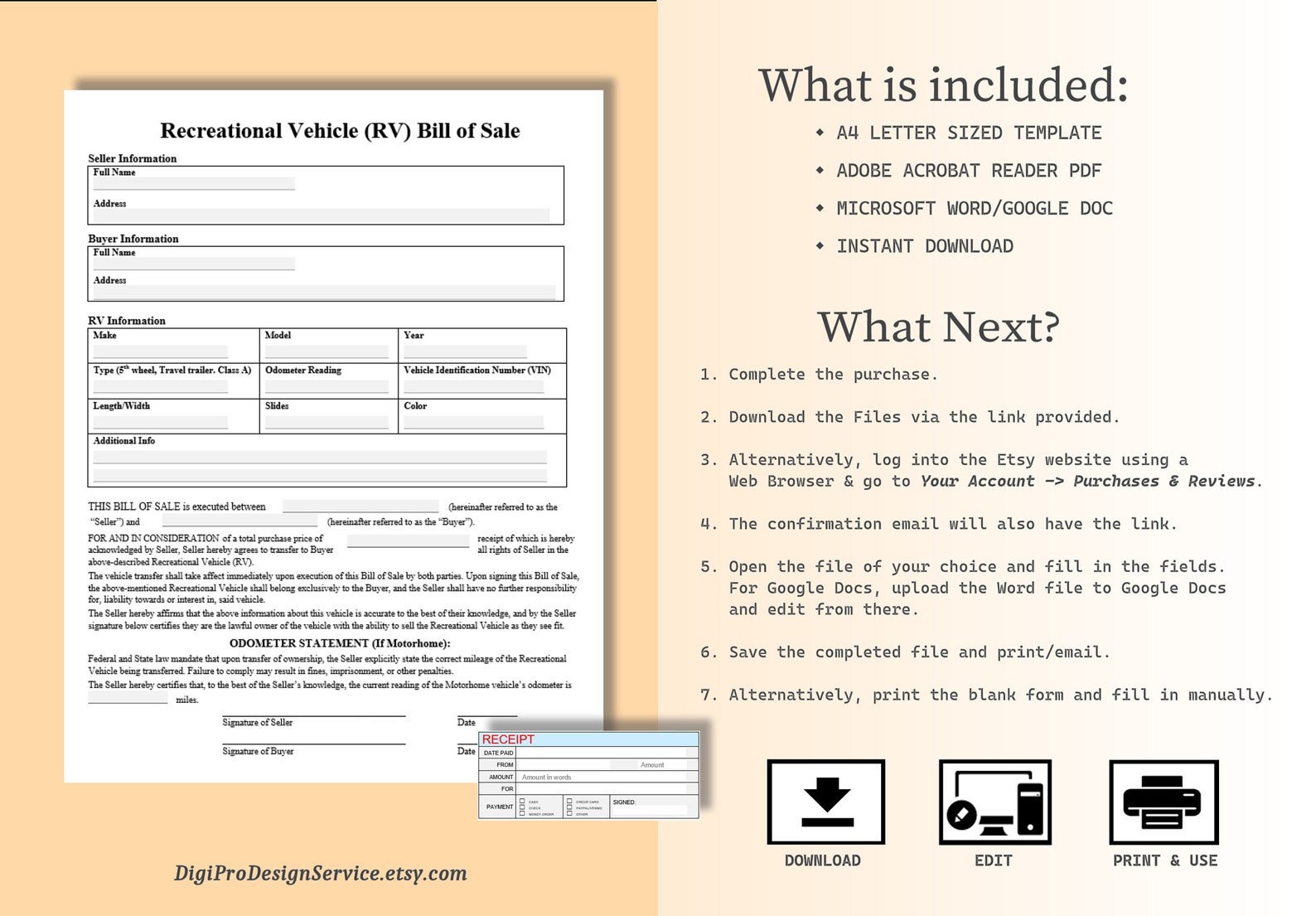 Recreational Vehicle RV Bill of Sale Contract - Editable PDF, Word ...