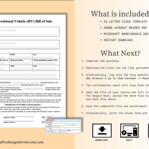 Recreational Vehicle RV Bill of Sale Contract - Editable PDF, Word ...