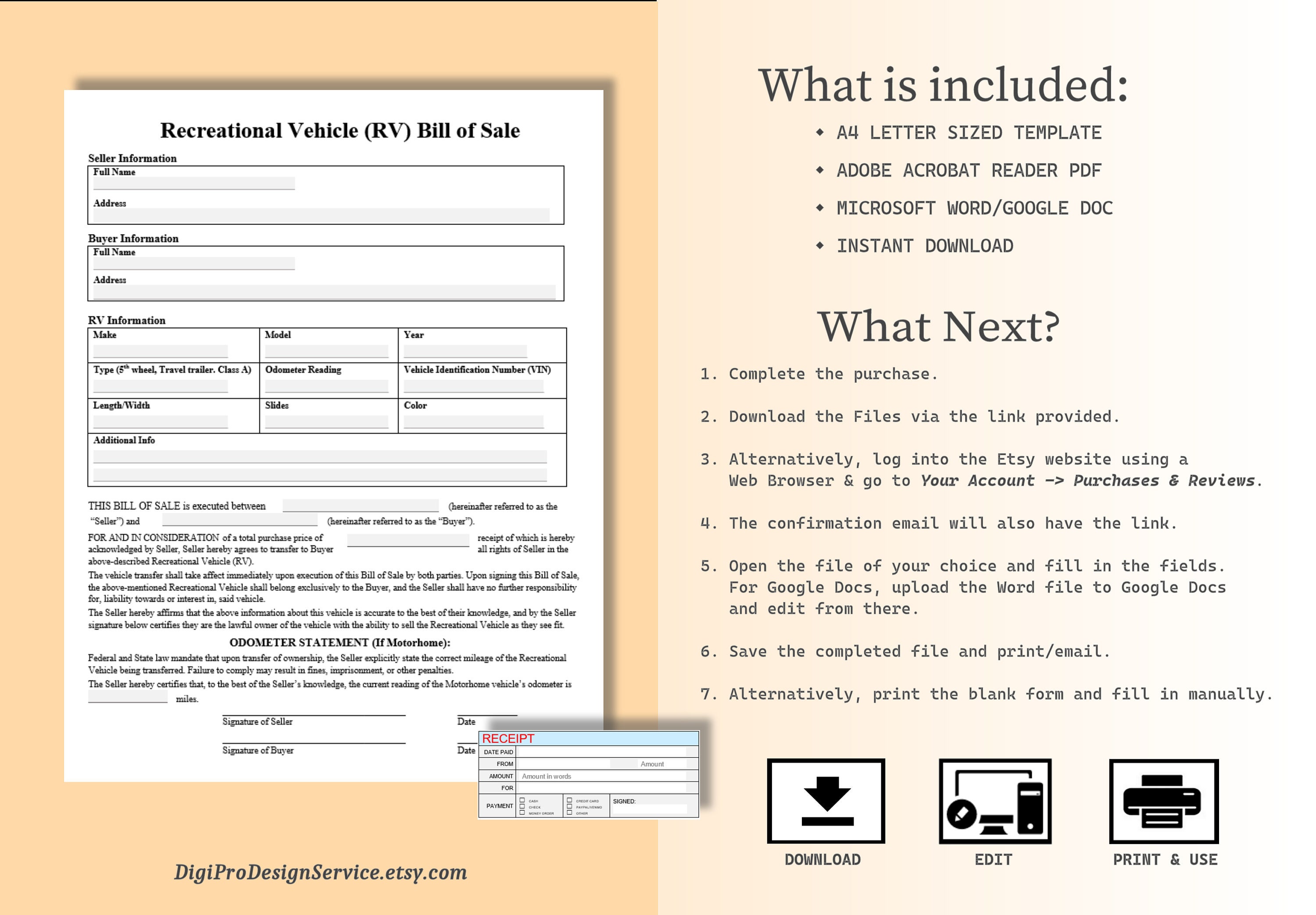 Recreational Vehicle RV Bill of Sale Contract - Editable PDF, Word ...