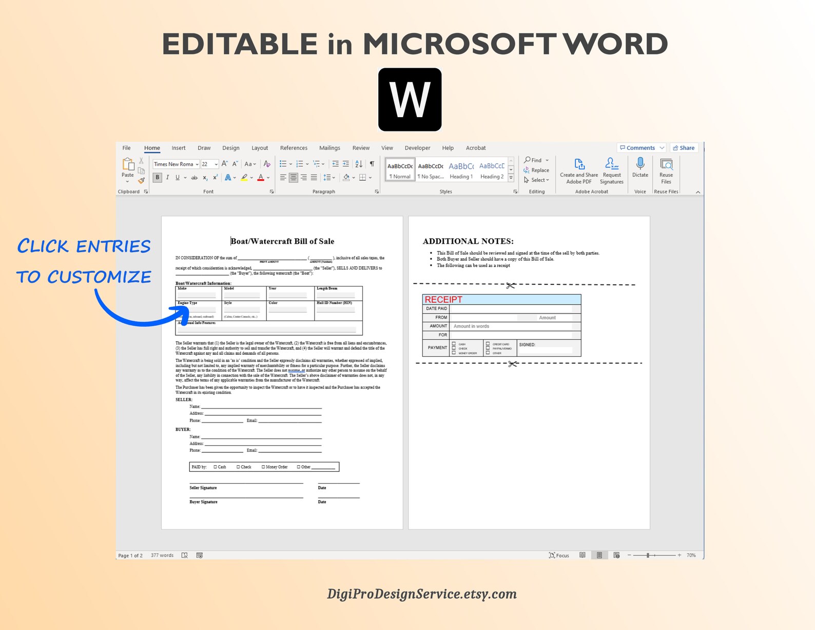 Boat/watercraft Bill of Sale - Fully Editable in Word, PDF or Google ...