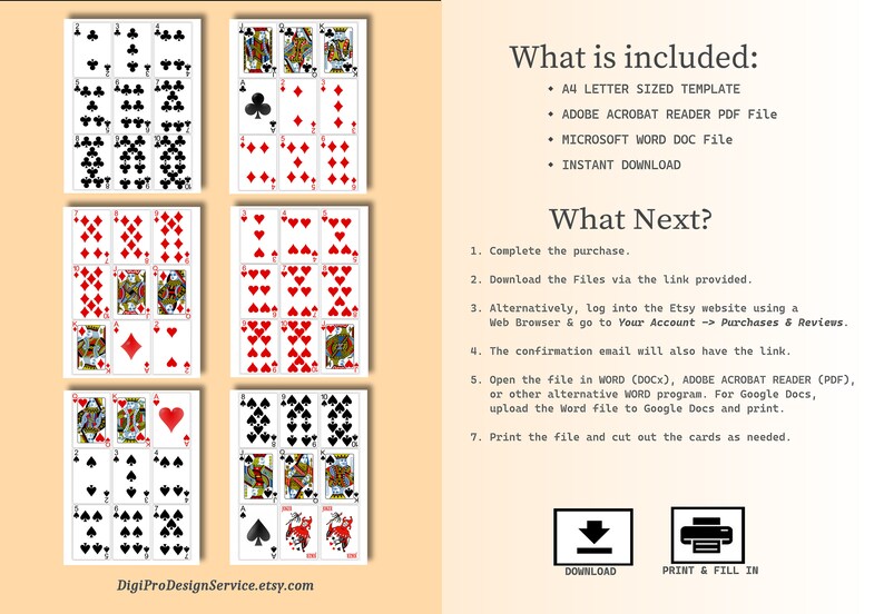 Printable Deck of Playing Cards: 52 Card Set (PDF & Word File) - Etsy