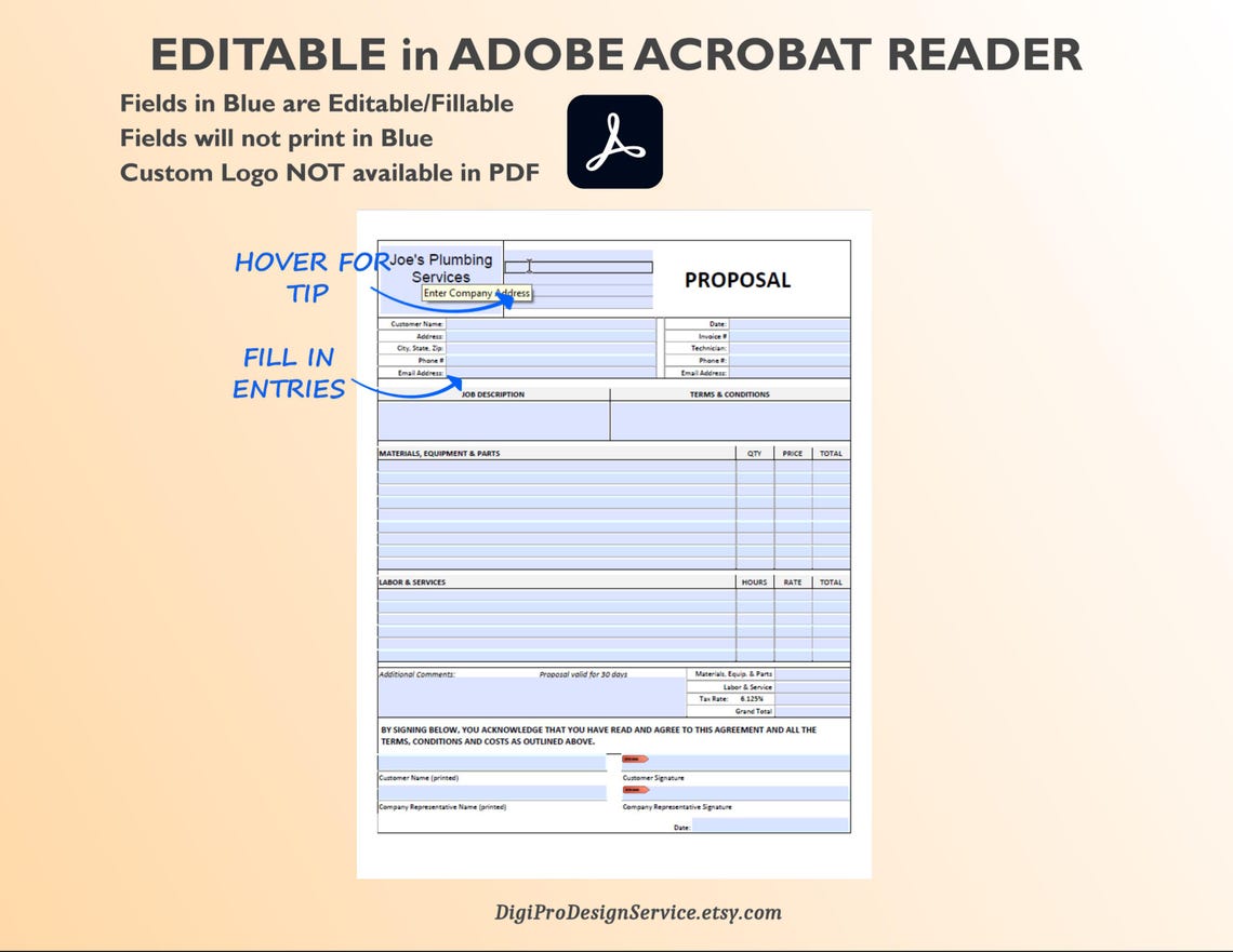 Editable Plumbing Proposal Template: Excel, Word, PDF, Google Sheets - Etsy
