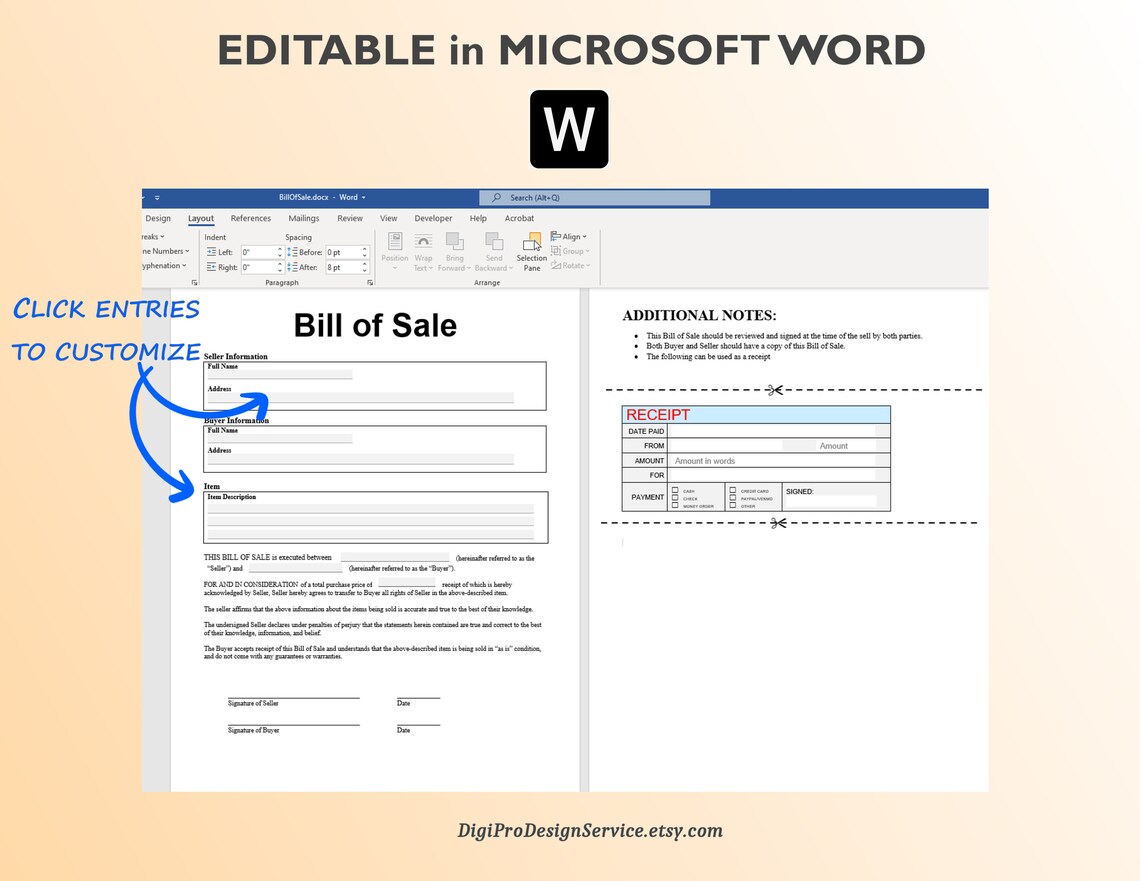 Bill of Sale - Editable/fillable in WORD & PDF. Bill of Sale Template ...