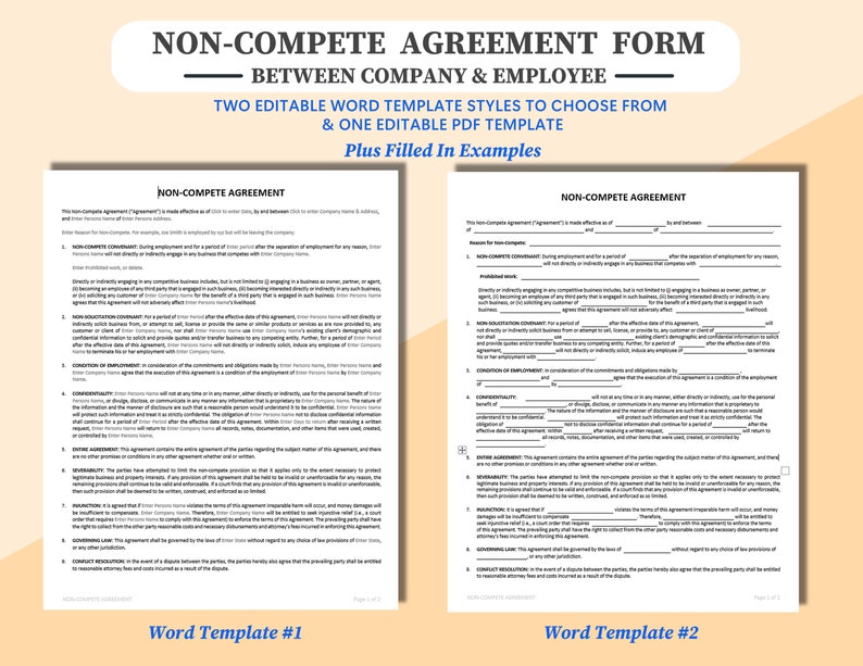 Non-compete Form. Editable & Printable Non Compete Template. Fully ...
