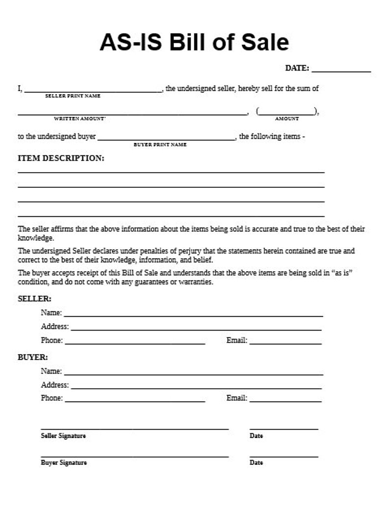 AS-IS Bill of Sale, Asis Bill of Sale, As-is Bill of Sale, as is Bill ...