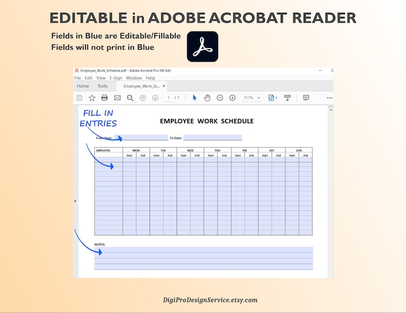 Employee Work Schedule Template: Editable & Printable (PDF, Word ...