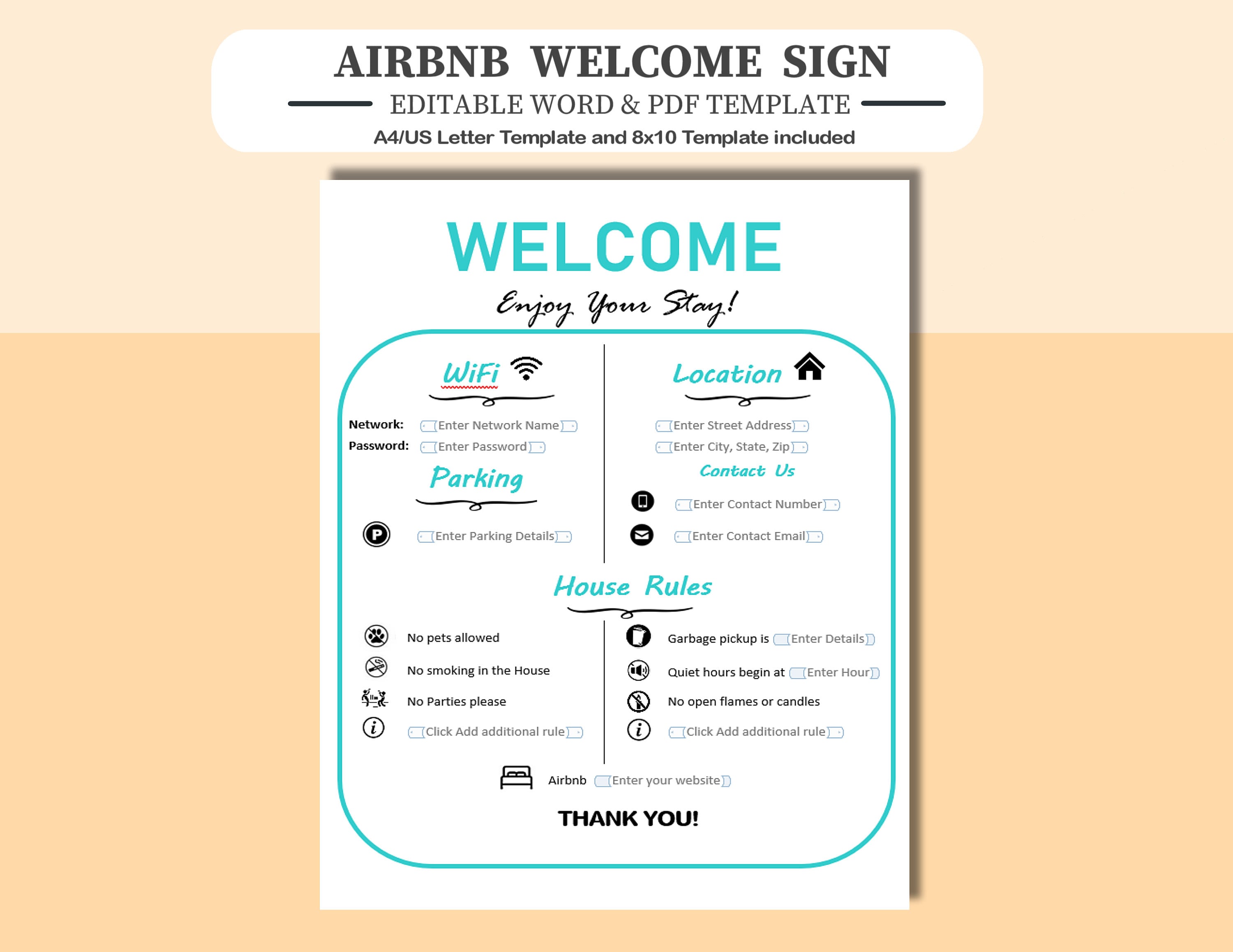 Airbnb Welcome Sign - Editable in WORD, Adobe PDF & Google Docs. A4/US ...